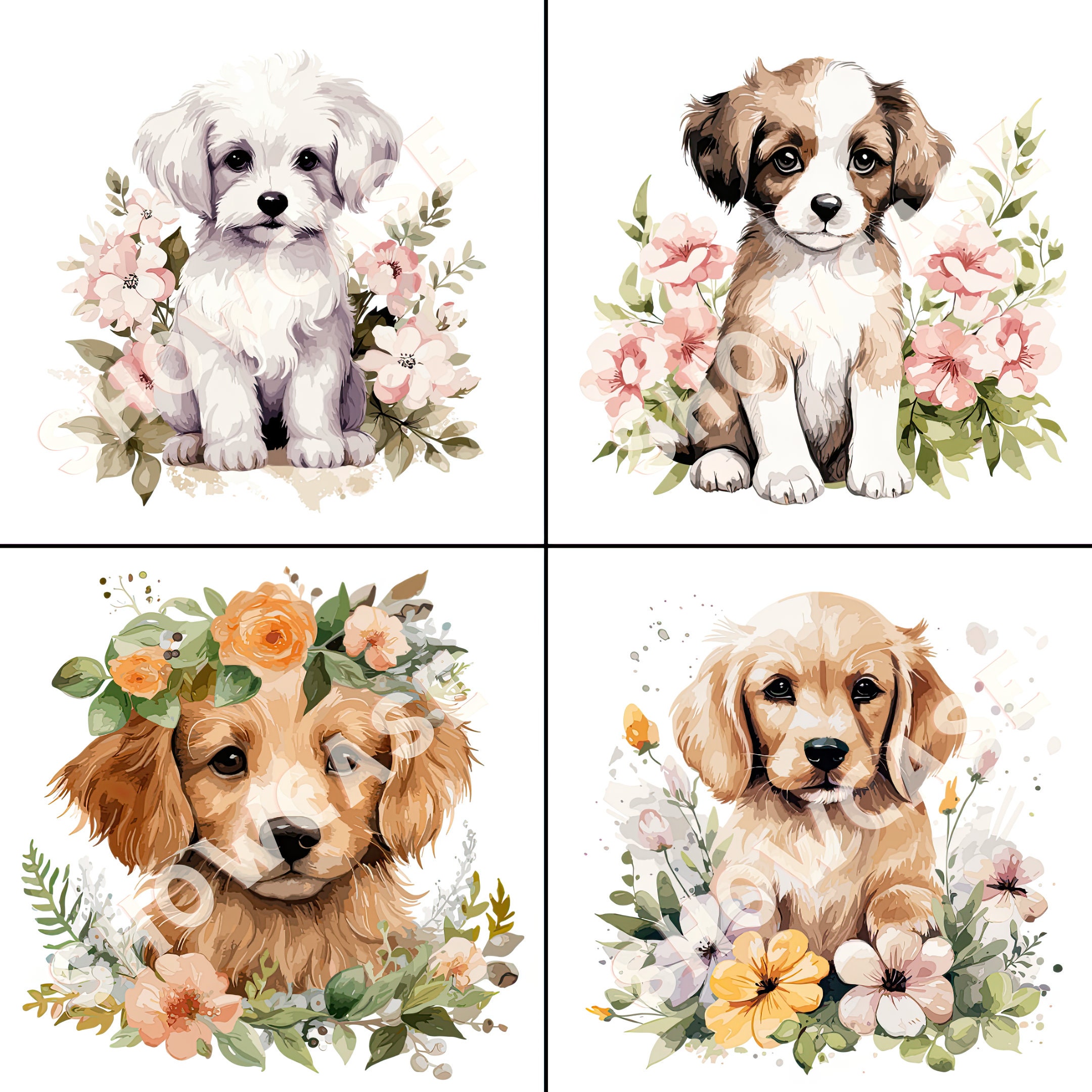 Watercolor Puppies Clipart, Animal PNG & SVG, Cute Floral Dog Clipart ...