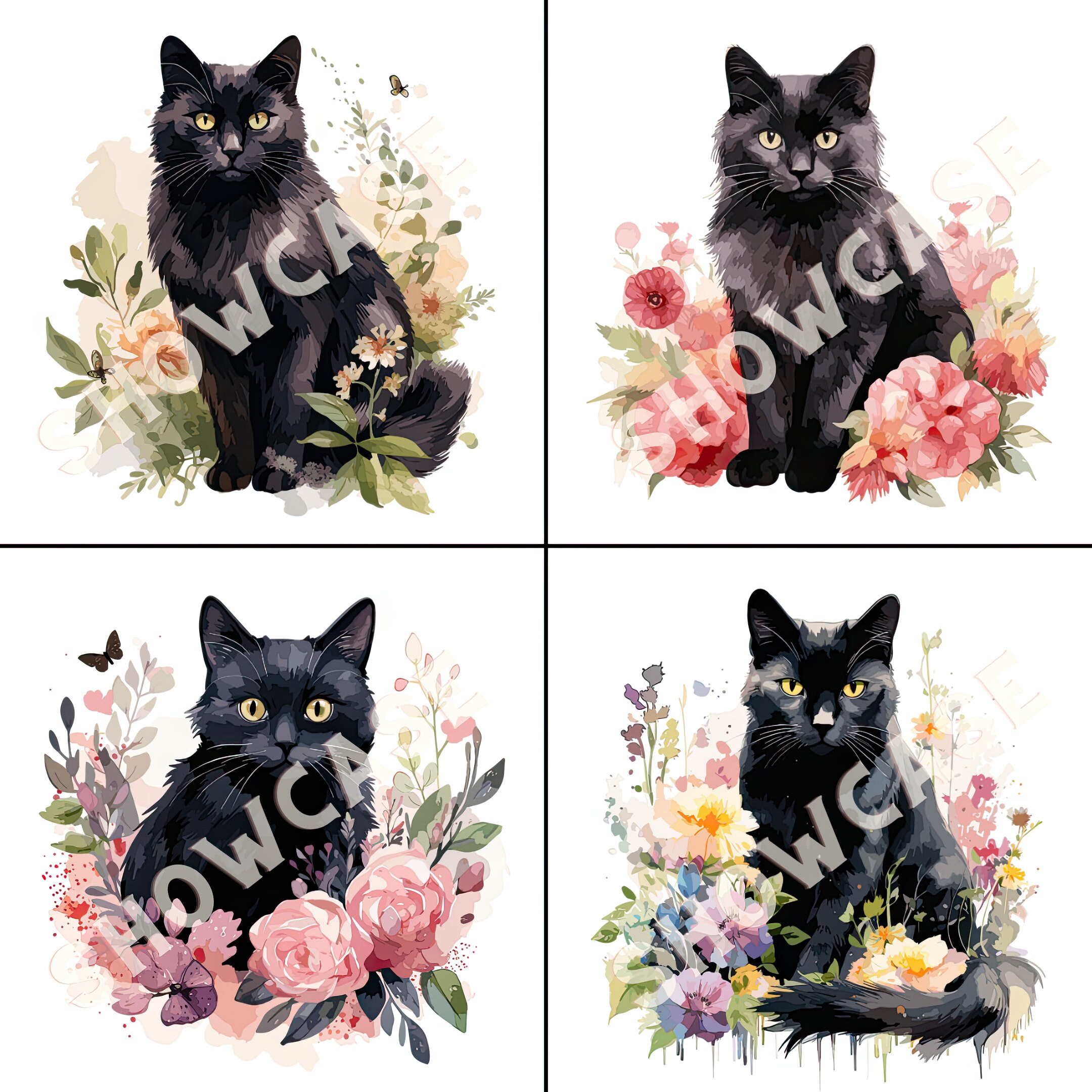 20 Watercolour Floral Kitten Clipart PNG & SVG, Floral Cat, Commercial ...