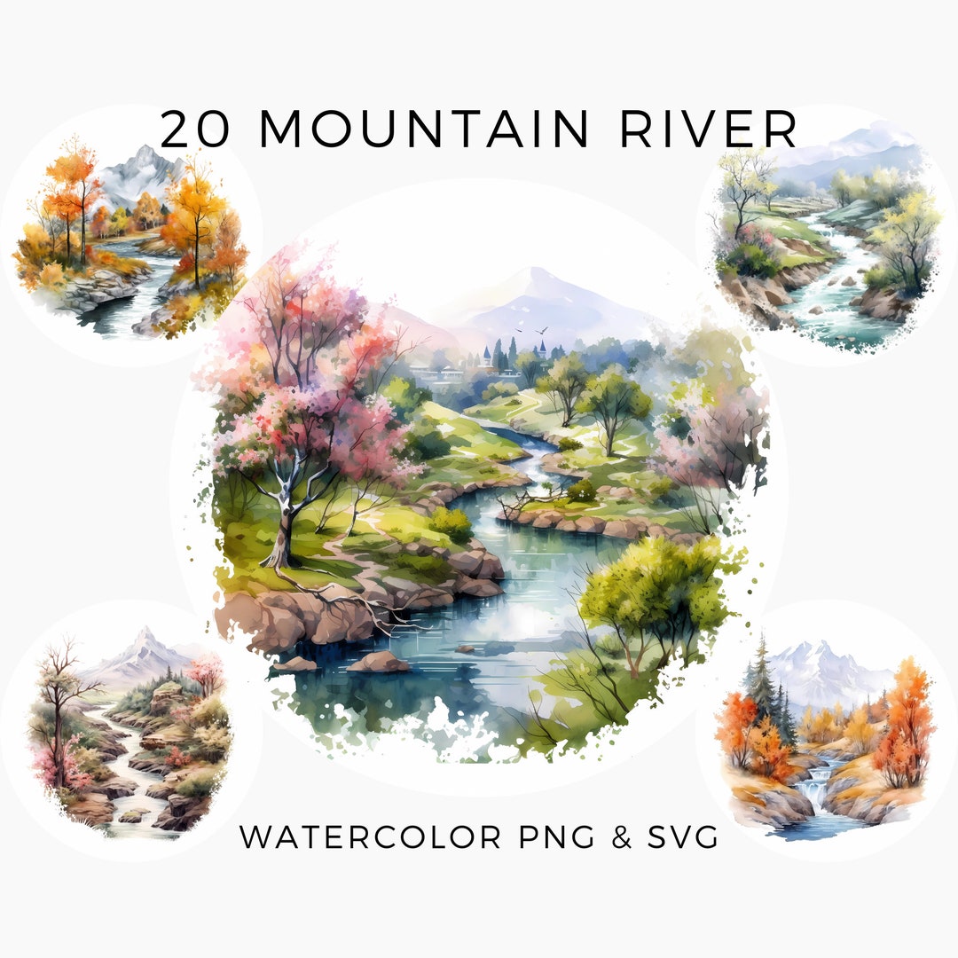20 Watercolour Mountain River Clipart Bundle PNG & SVG, Landscape ...