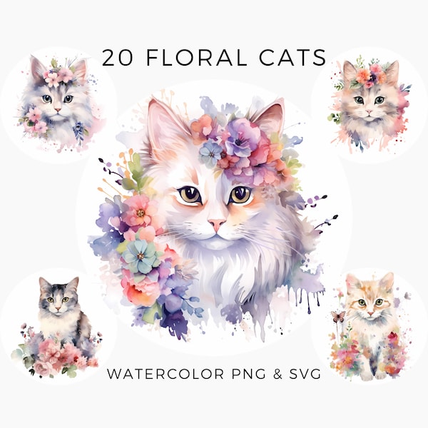 Floral Kitten Clipart - Etsy
