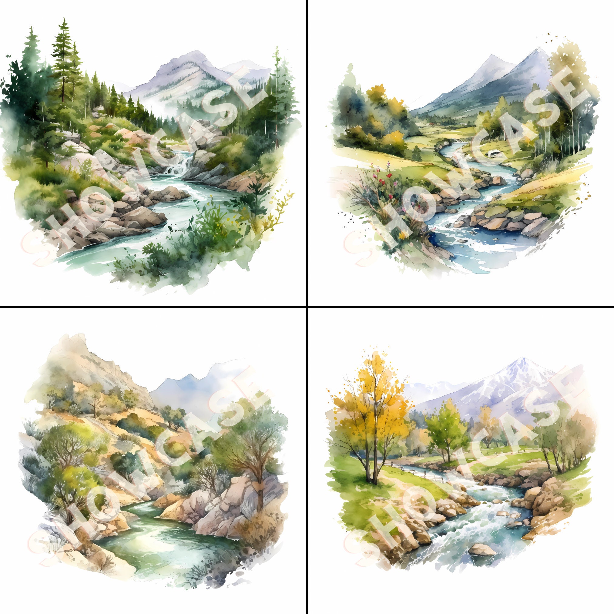 20 Watercolour Mountain River Clipart Bundle PNG & SVG, Landscape ...