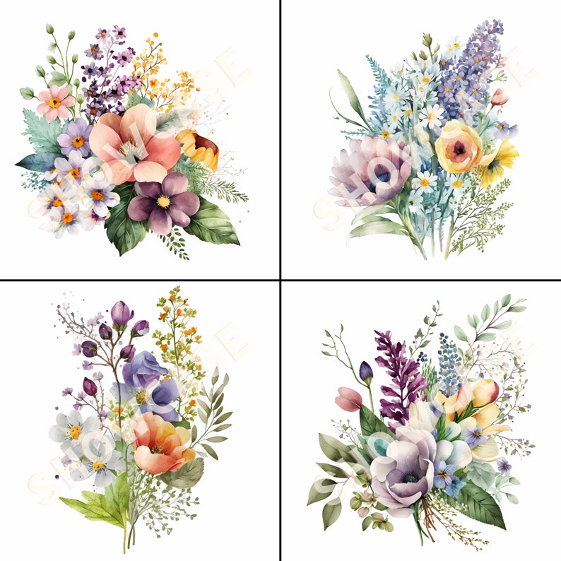 20 Spring Flowers PNG & SVG, Watercolor Floral Clipart Bouquets, Wild ...