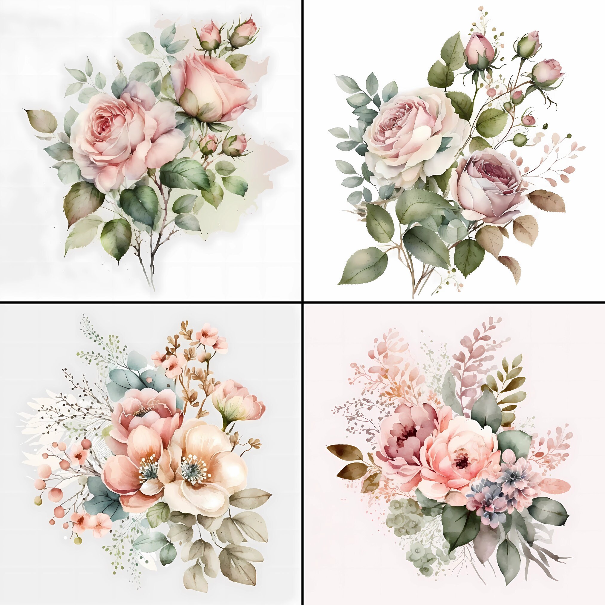 20 Light Pink Flowers PNG & SVG, Watercolor Floral Clipart Bouquets ...
