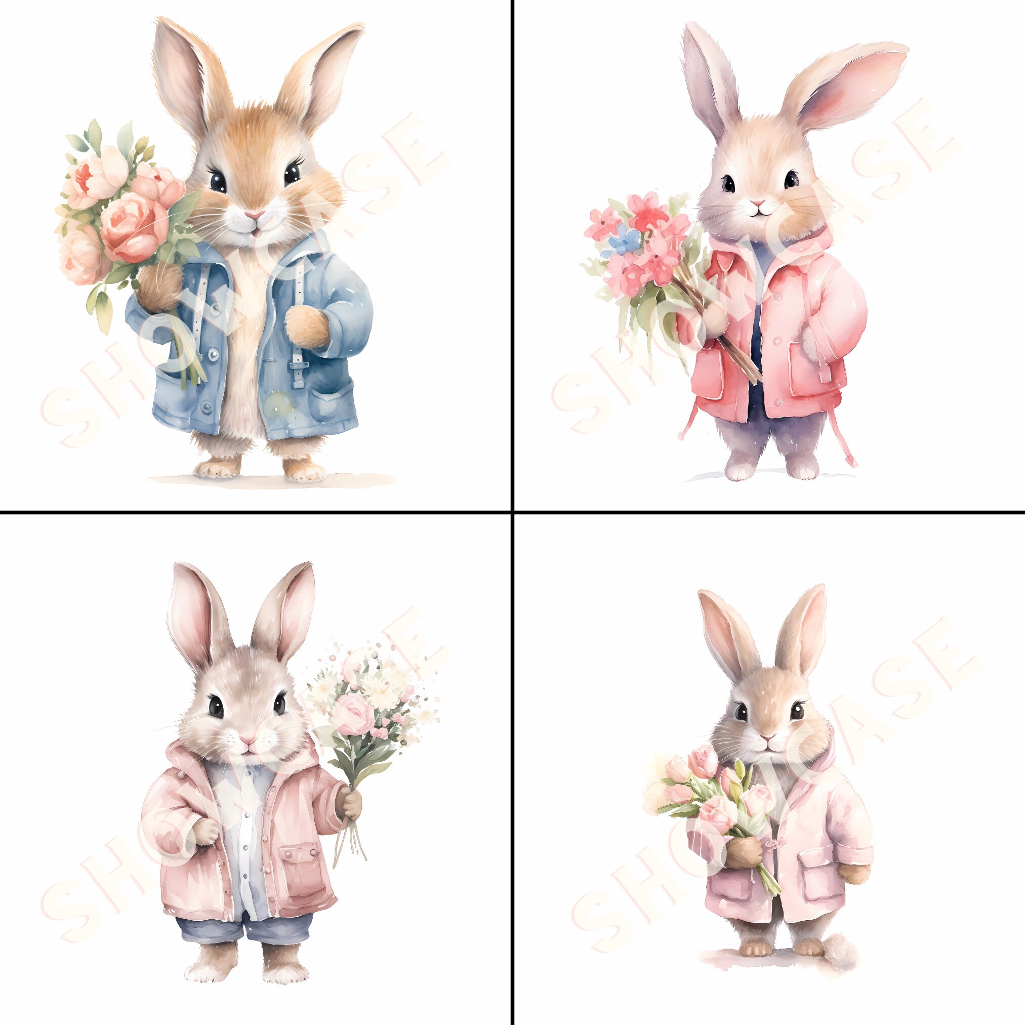 20 Floral Bunny Clipart Bundle PNG & SVG, Nursery Spring Pastel Bundle ...