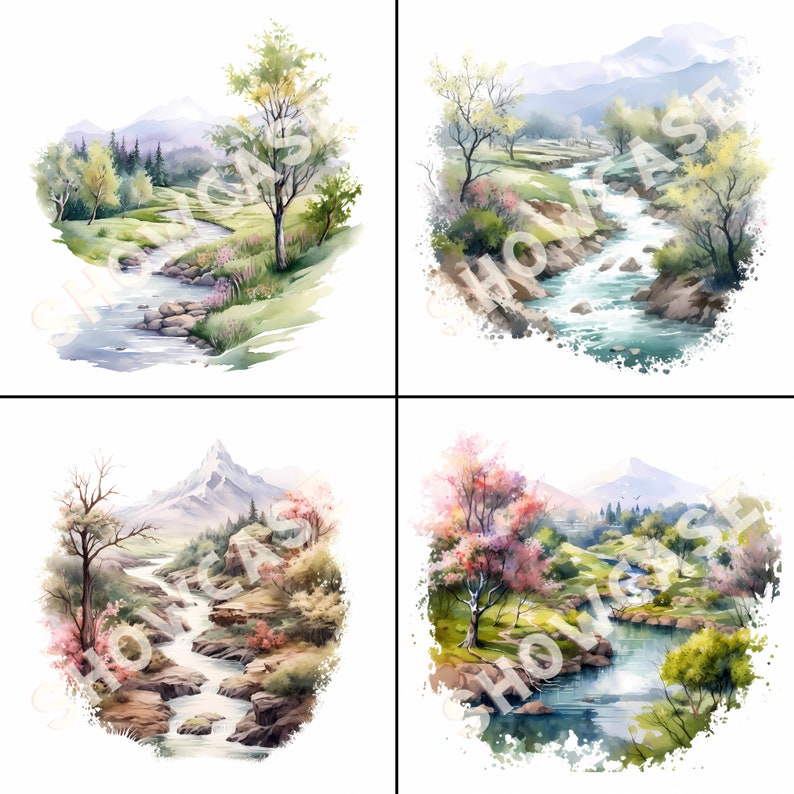 20 Watercolour Mountain River Clipart Bundle PNG & SVG, Landscape ...