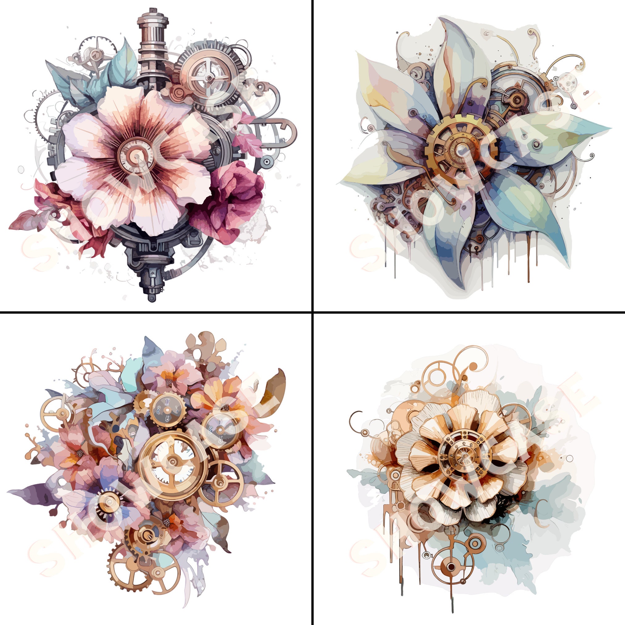 37 Watercolor Steampunk Flowers Clipart PNG & SVG Steampunk - Etsy