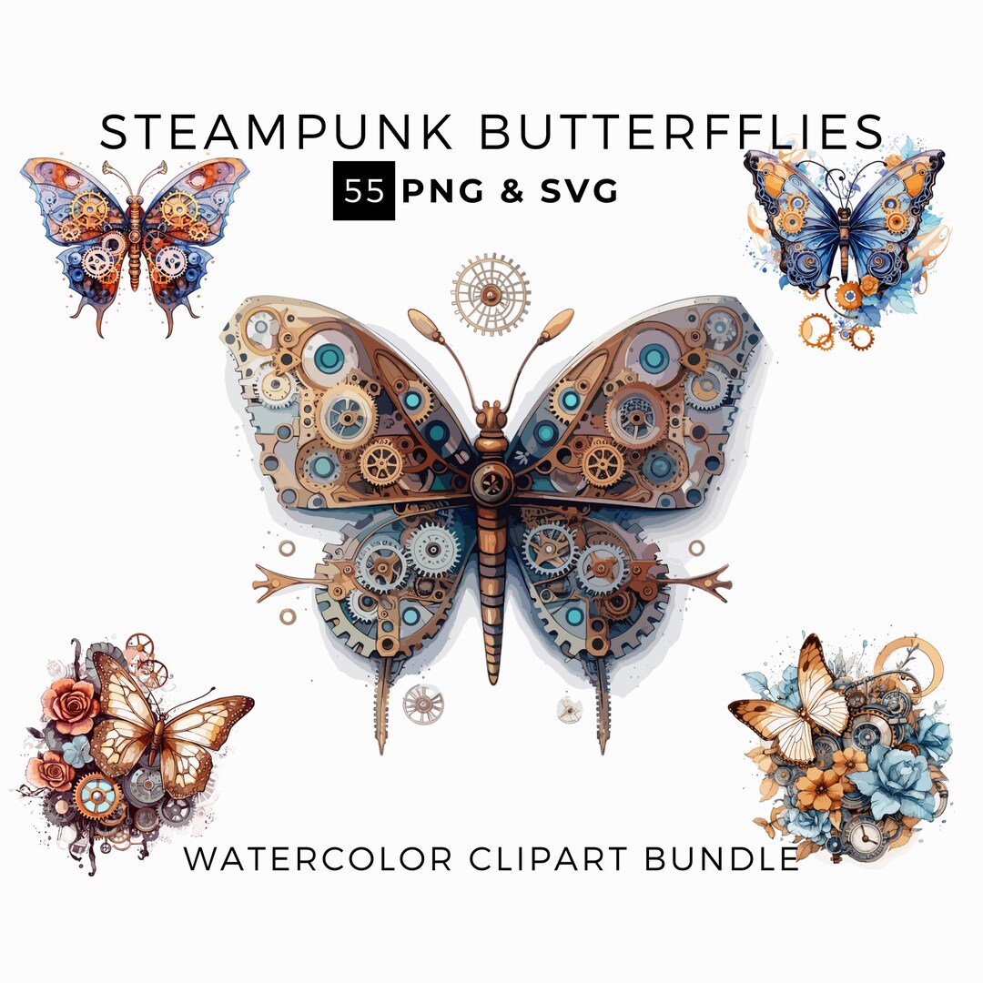 55 Watercolor Steampunk Butterflies Clipart PNG & SVG, Butterfly Bundle ...