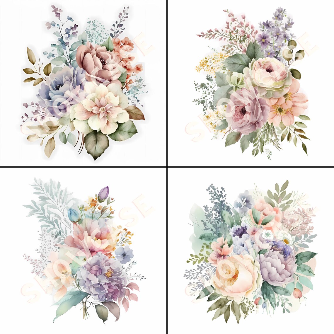 20 Pastel Flowers PNG & SVG Watercolor Floral Bouquets Wild - Etsy