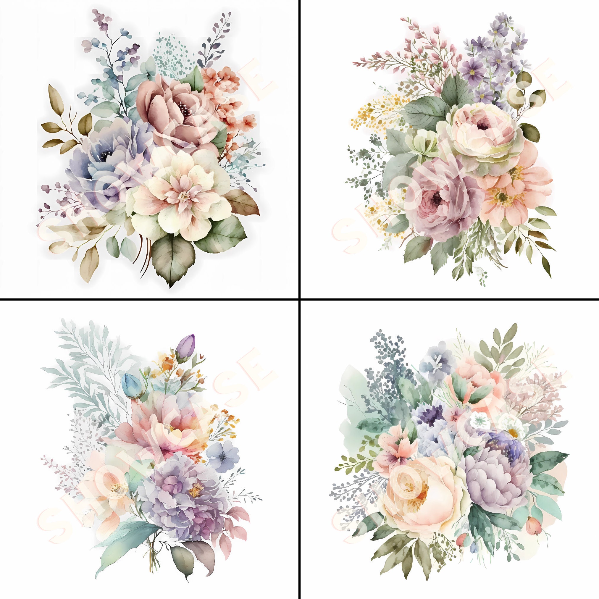 20 Pastel Flowers PNG & SVG, Watercolor Floral Bouquets, Wild Flowers ...