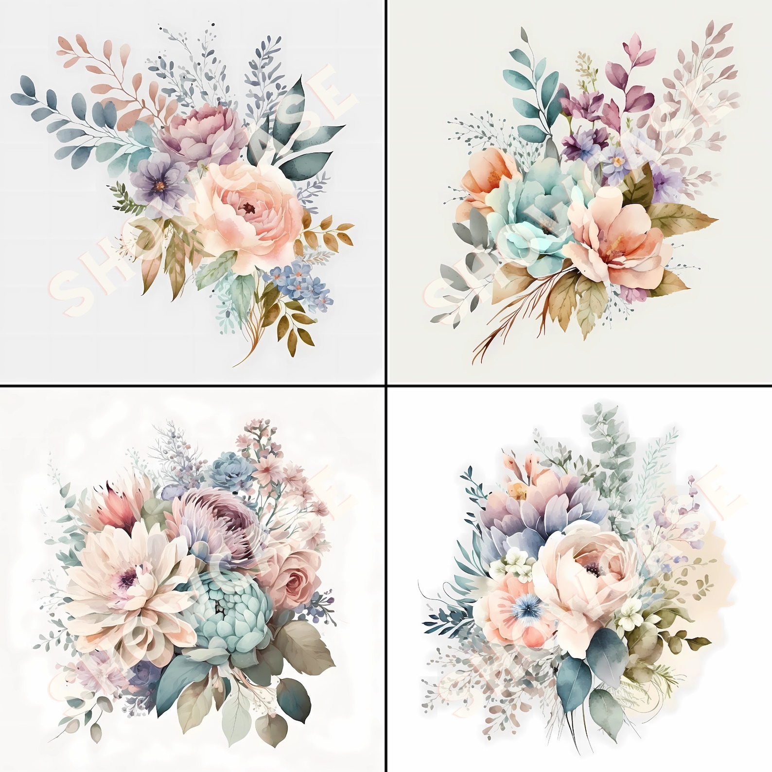 20 Pastel Flowers PNG & SVG, Watercolor Floral Bouquets, Wild Flowers ...