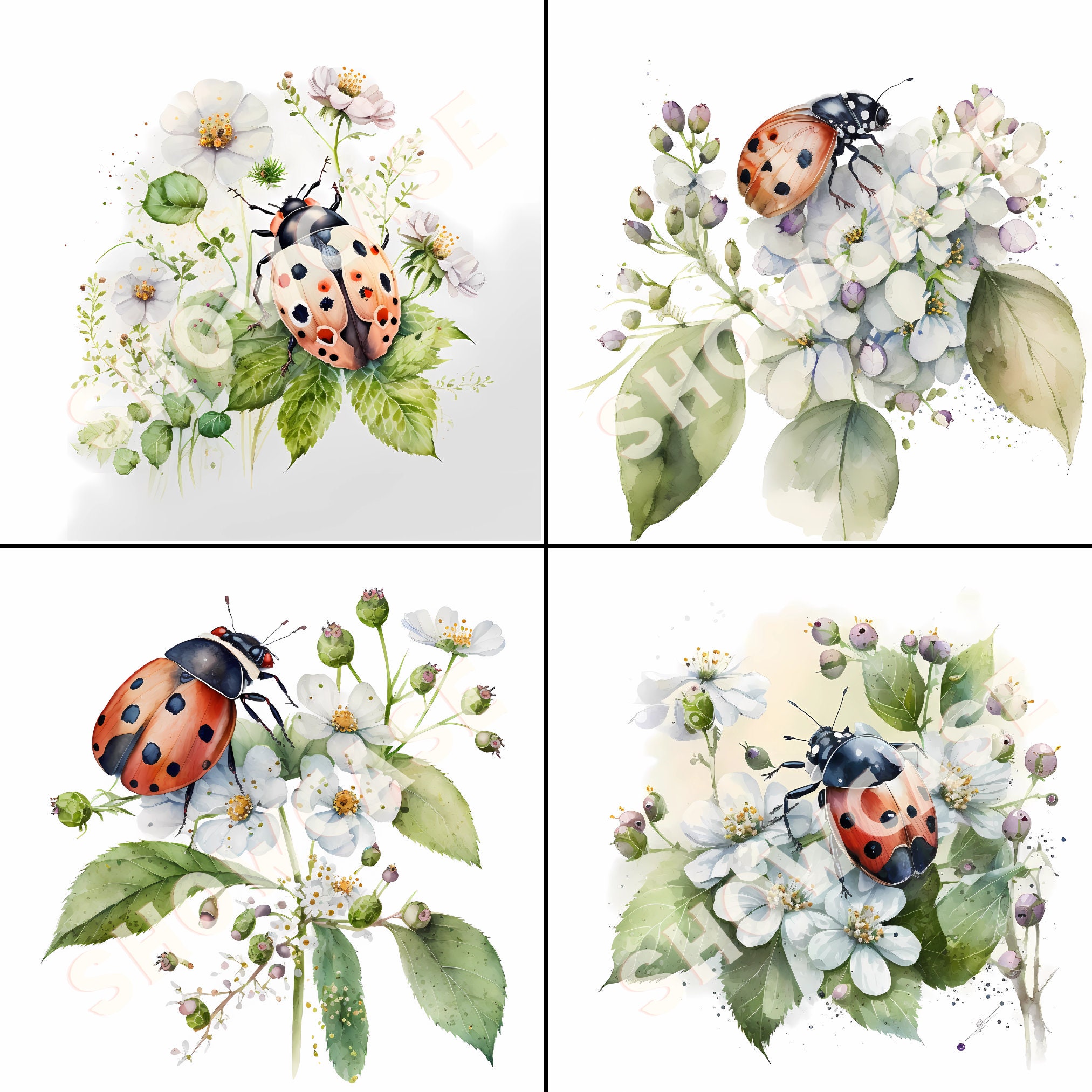 34 Floral Ladybug Watercolor Clipart PNG & SVG, Nursery Art, Paper ...
