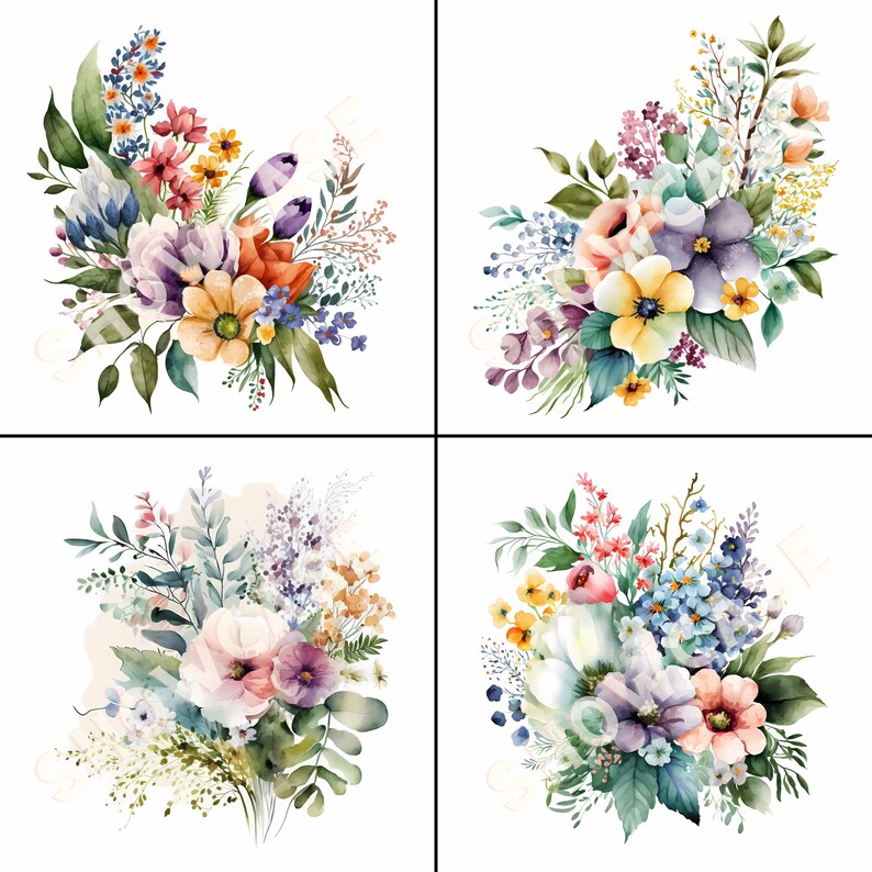 20 Spring Flowers PNG & SVG, Watercolor Floral Clipart Bouquets, Wild ...