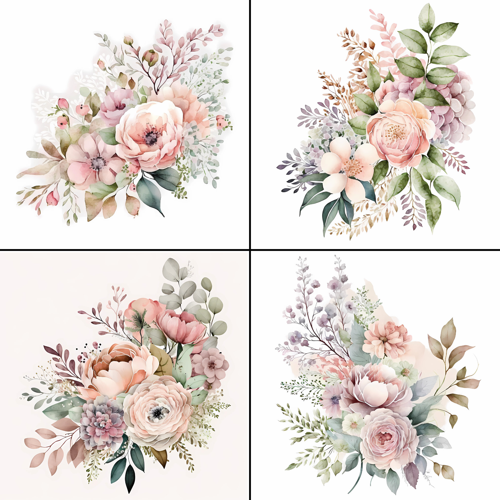 20 Light Pink Flowers PNG & SVG, Watercolor Floral Clipart Bouquets ...