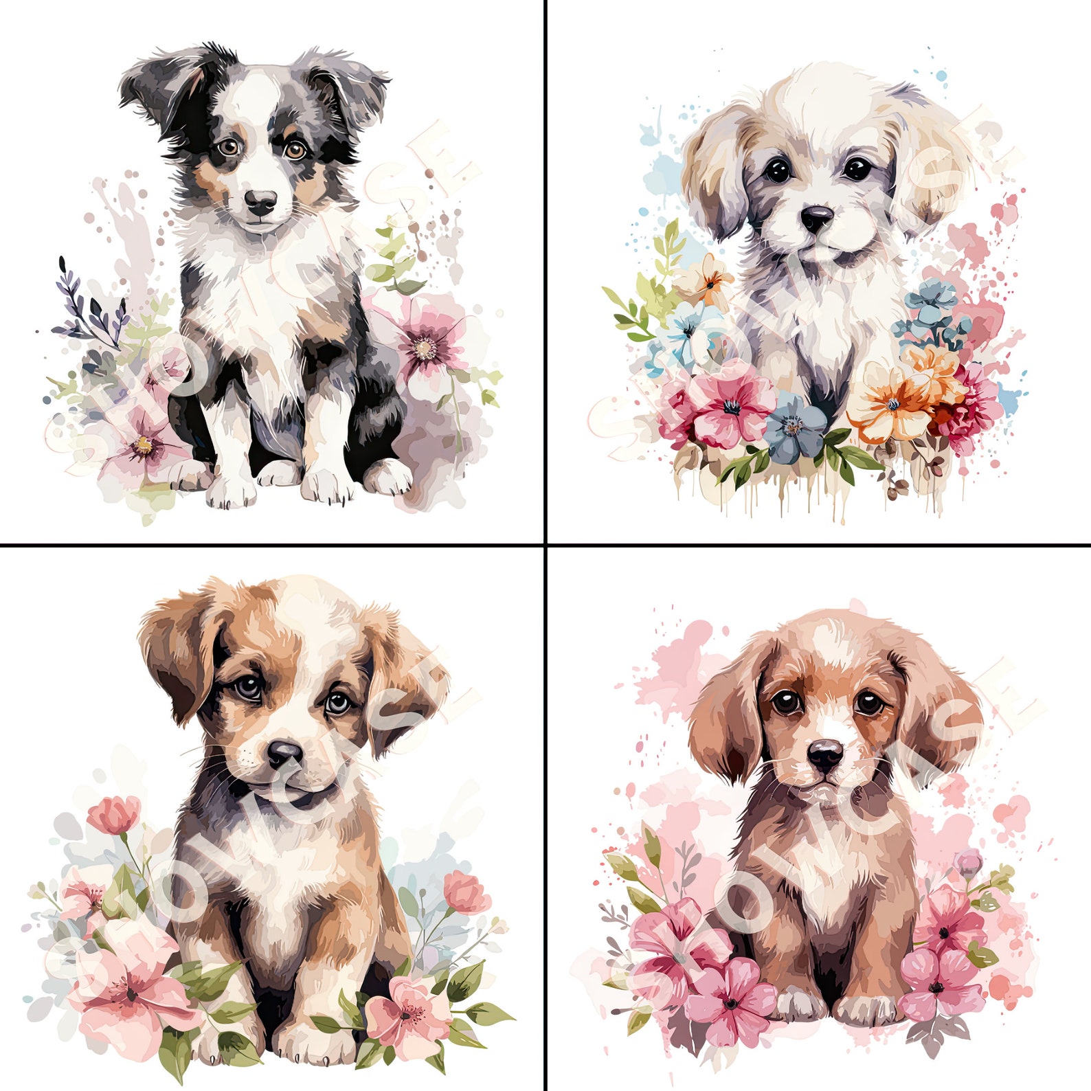 Watercolor Puppies Clipart, Animal PNG & SVG, Cute Floral Dog Clipart ...