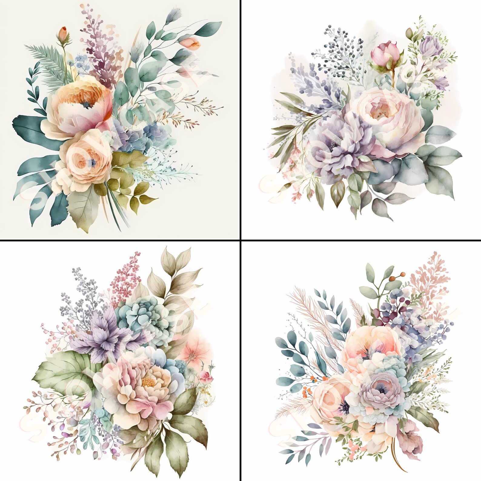 20 Pastel Flowers PNG & SVG, Watercolor Floral Bouquets, Wild Flowers ...