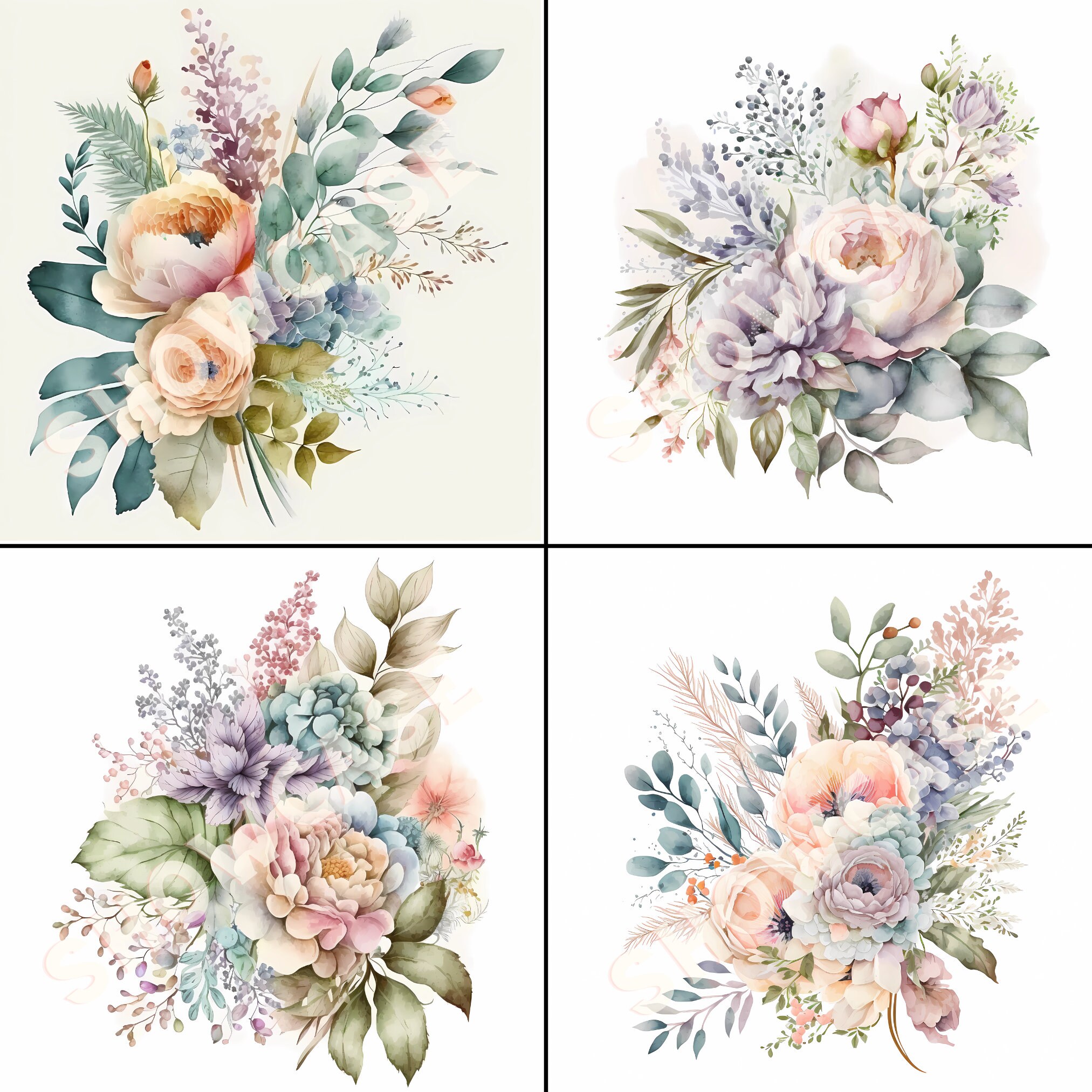 20 Pastel Flowers PNG & SVG, Watercolor Floral Bouquets, Wild Flowers ...