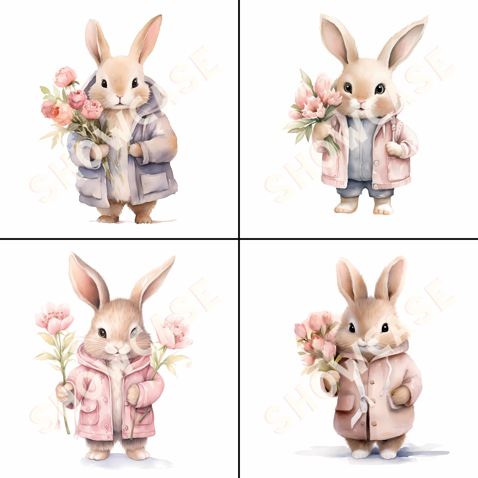 20 Floral Bunny Clipart Bundle PNG & SVG, Nursery Spring Pastel Bundle ...