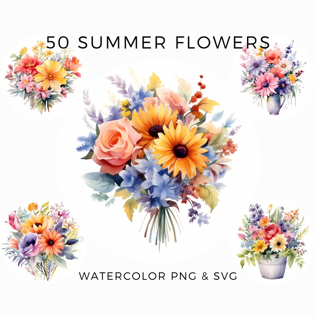50 Summer Flowers Clipart PNG & SVG, Watercolor Floral Bouquets ...