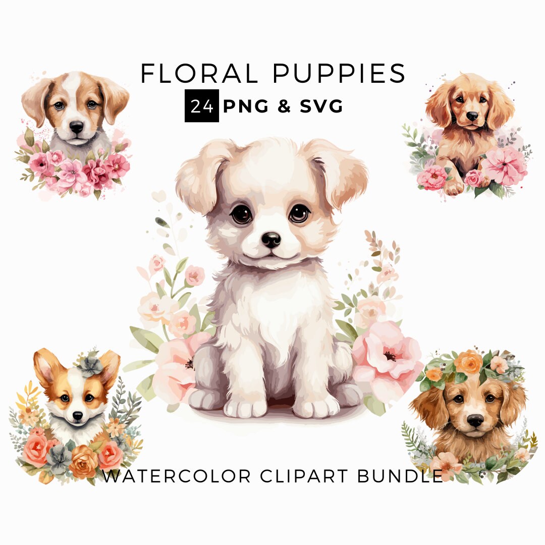 Watercolor Puppies Clipart, Animal PNG & SVG, Cute Floral Dog Clipart ...
