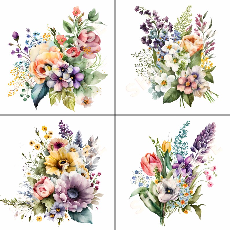 20 Spring Flowers PNG & SVG, Watercolor Floral Clipart Bouquets, Wild ...