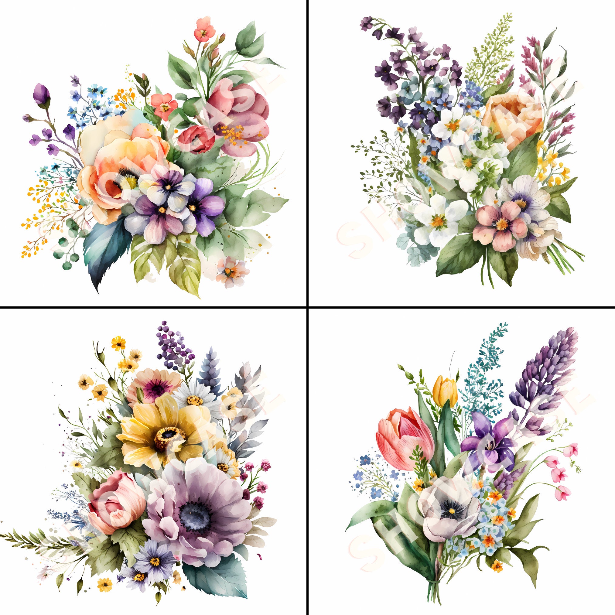 20 Spring Flowers PNG & SVG, Watercolor Floral Clipart Bouquets, Wild ...