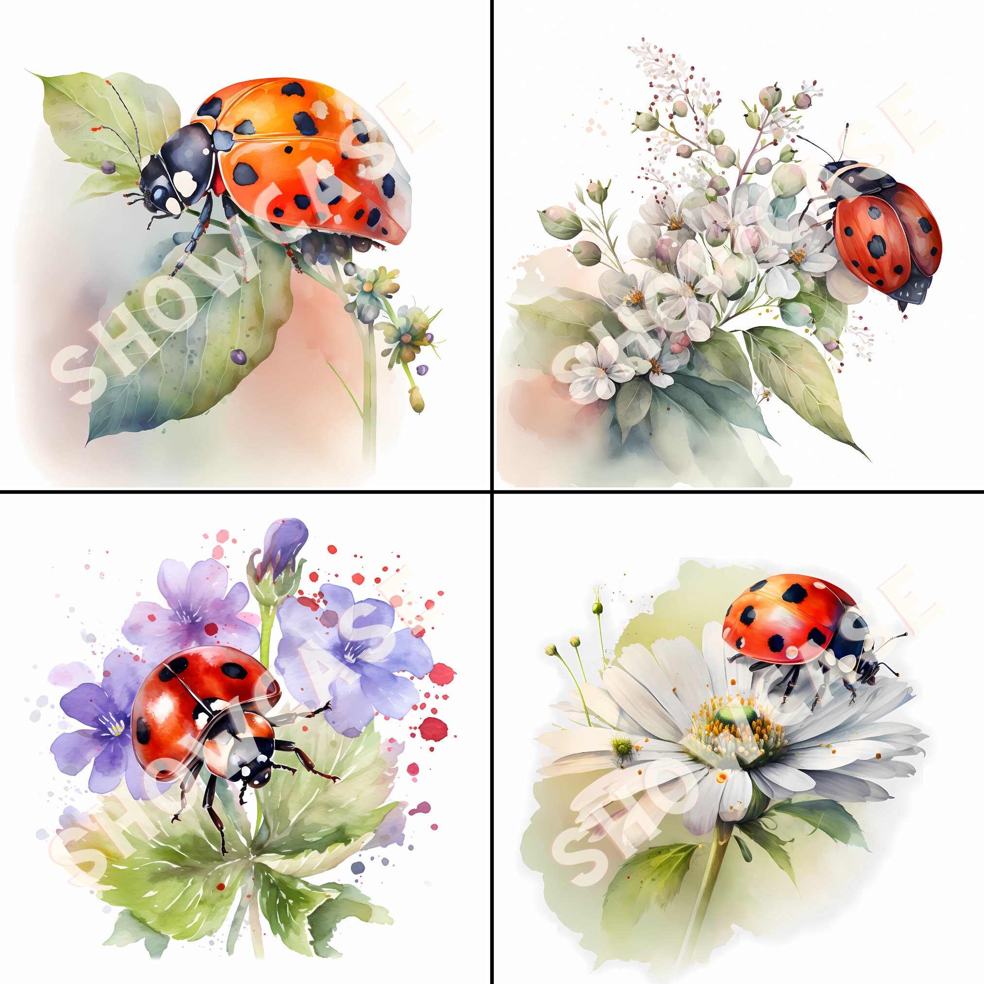 34 Floral Ladybug Watercolor Clipart PNG & SVG, Nursery Art, Paper ...