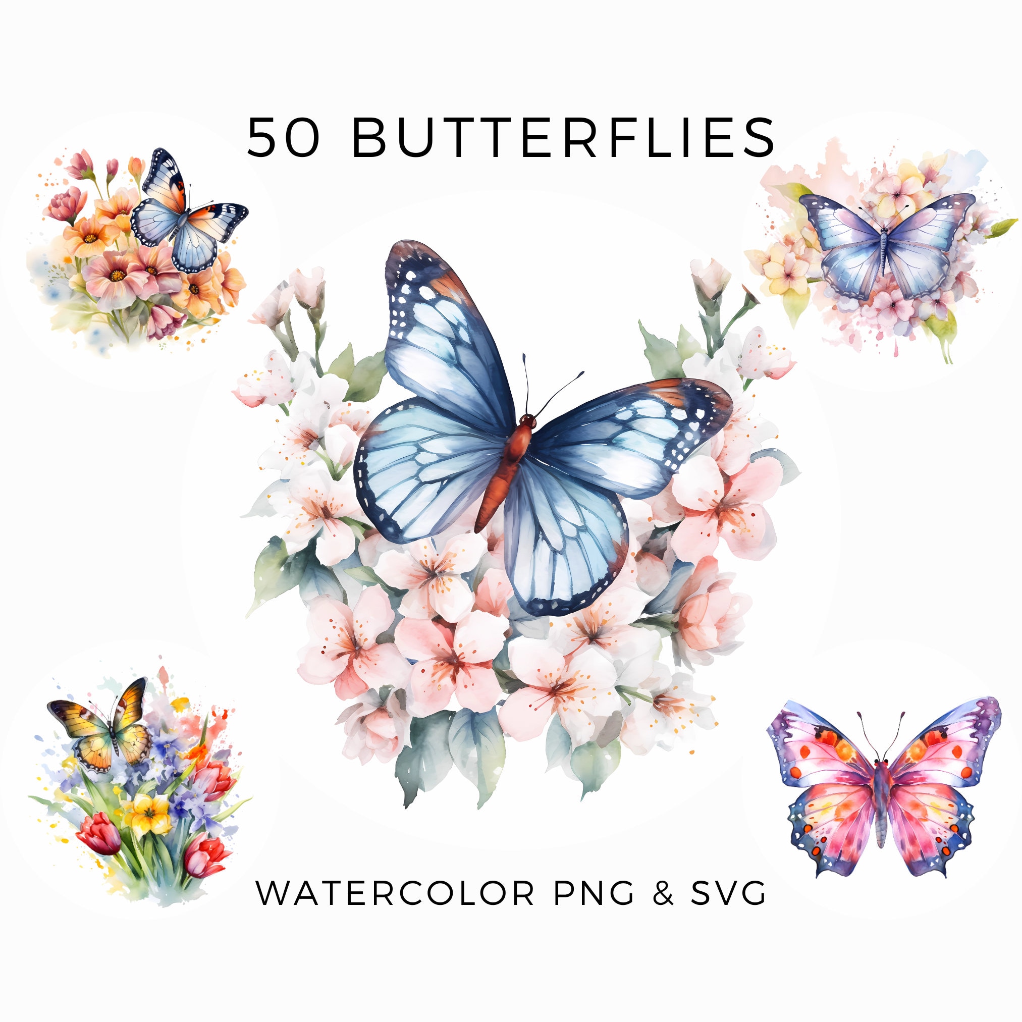 50 Butterfly Clipart PNG & SVG, Watercolor Floral Butterfly Clipart ...