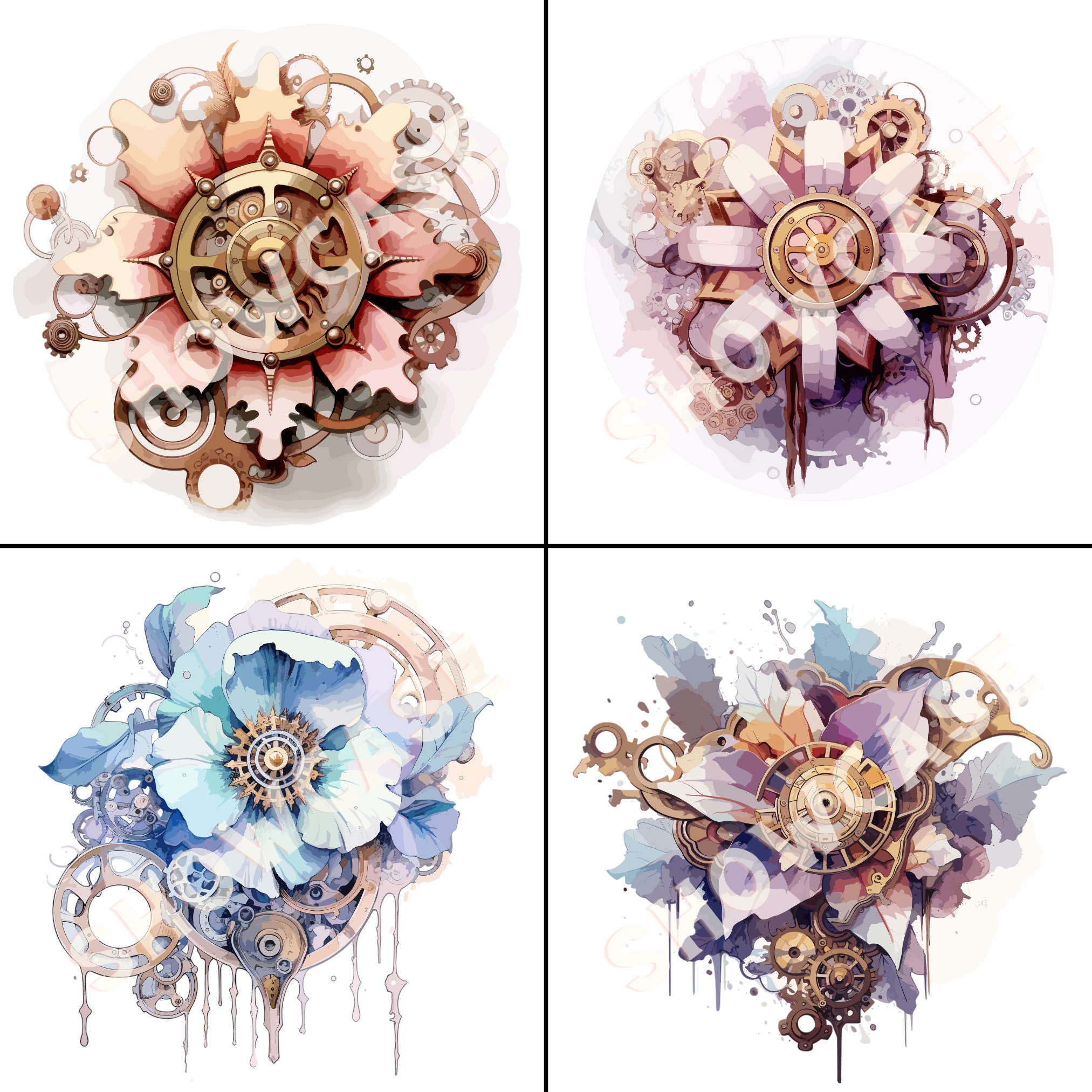 37 Watercolor Steampunk Flowers Clipart PNG & SVG Steampunk - Etsy