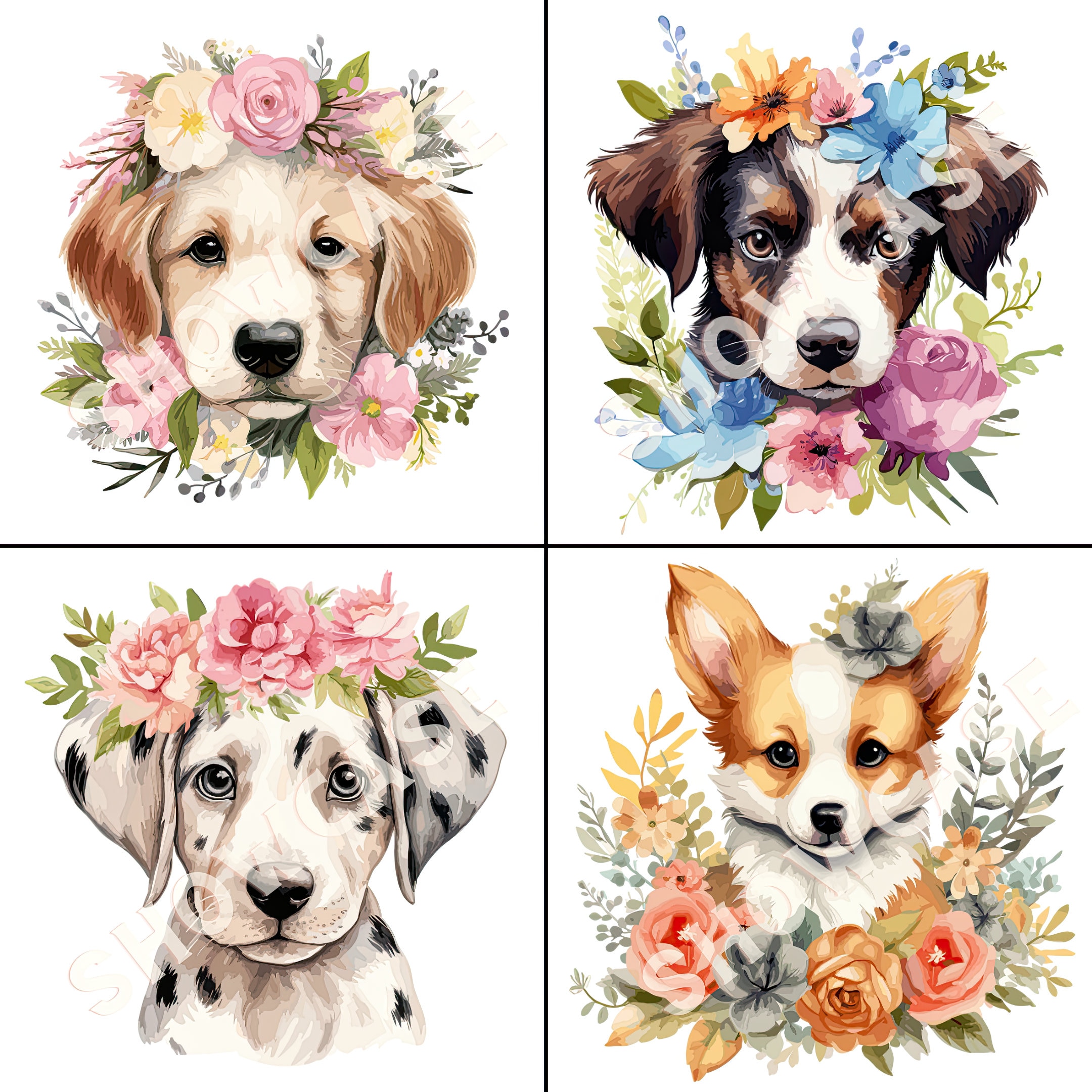 Watercolor Puppies Clipart, Animal PNG & SVG, Cute Floral Dog Clipart ...