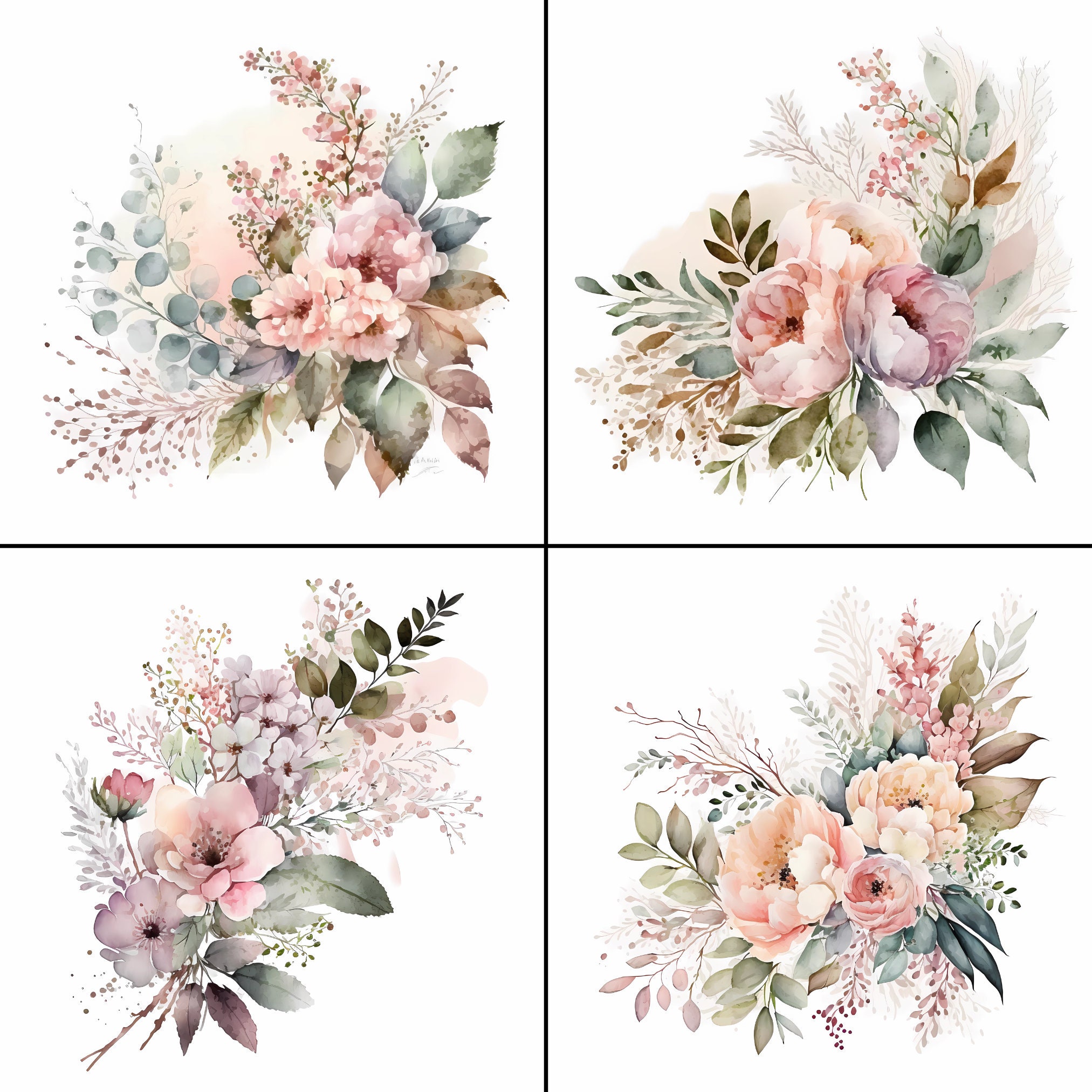 20 Light Pink Flowers PNG & SVG, Watercolor Floral Clipart Bouquets ...
