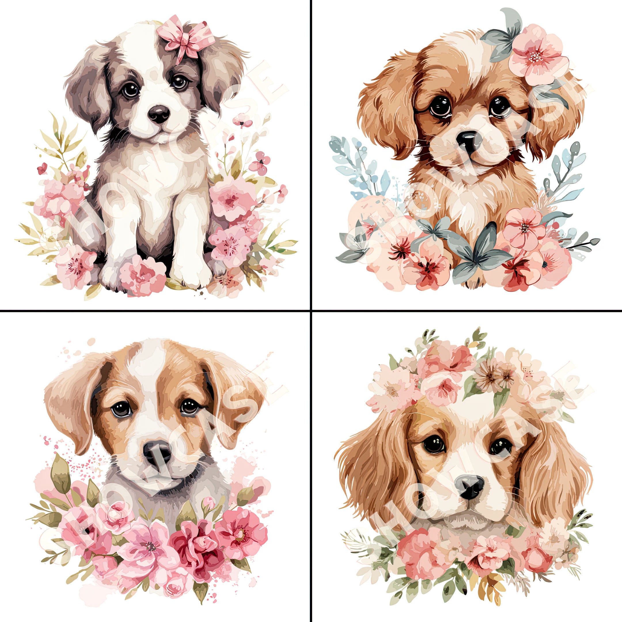Watercolor Puppies Clipart, Animal PNG & SVG, Cute Floral Dog Clipart ...