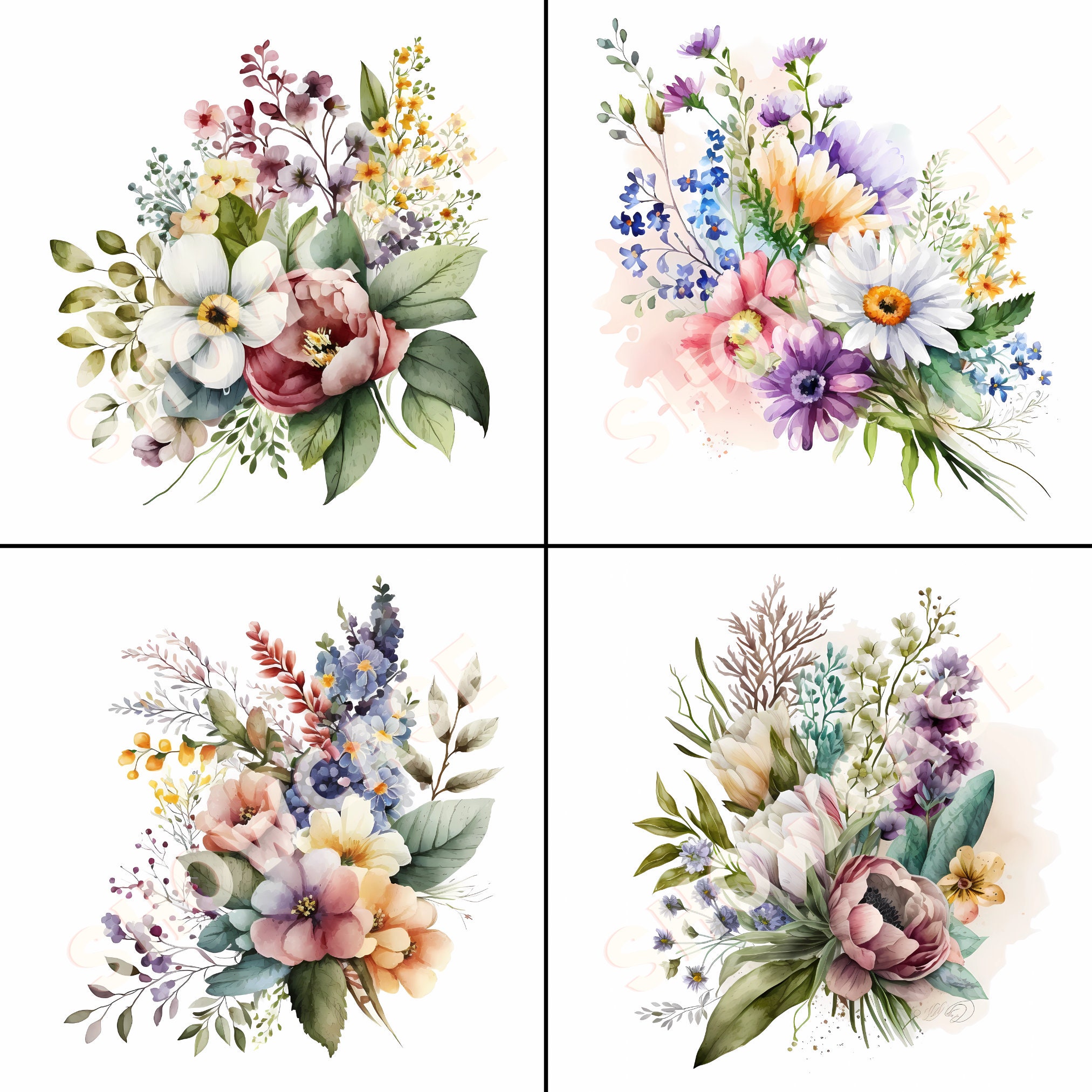 20 Spring Flowers PNG & SVG, Watercolor Floral Clipart Bouquets, Wild ...