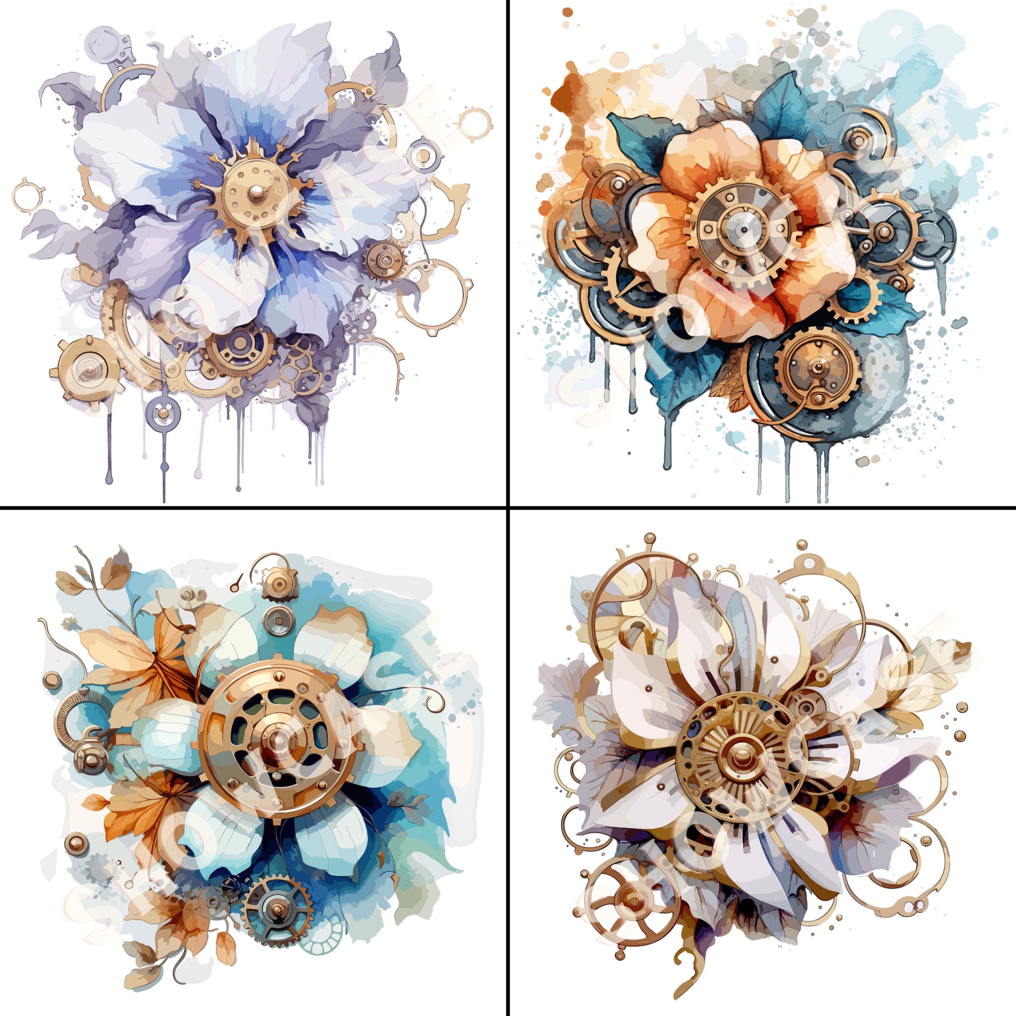 37 Watercolor Steampunk Flowers Clipart PNG & SVG Steampunk - Etsy