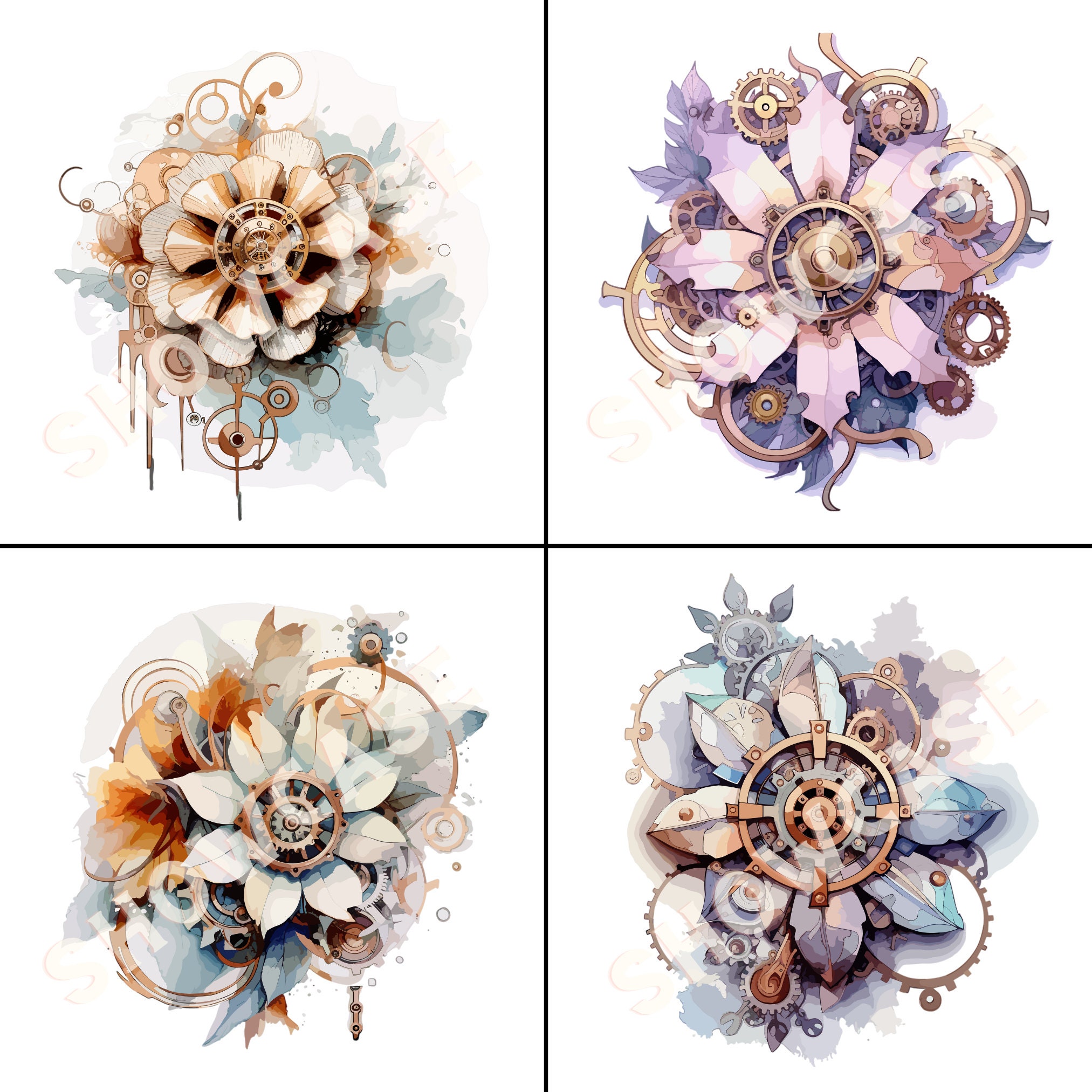 37 Watercolor Steampunk Flowers Clipart PNG & SVG Steampunk - Etsy