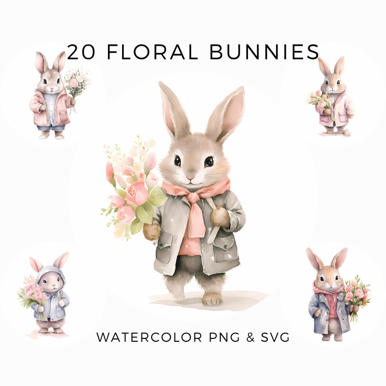 20 Floral Bunny Clipart Bundle PNG & SVG, Nursery Spring Pastel Bundle ...