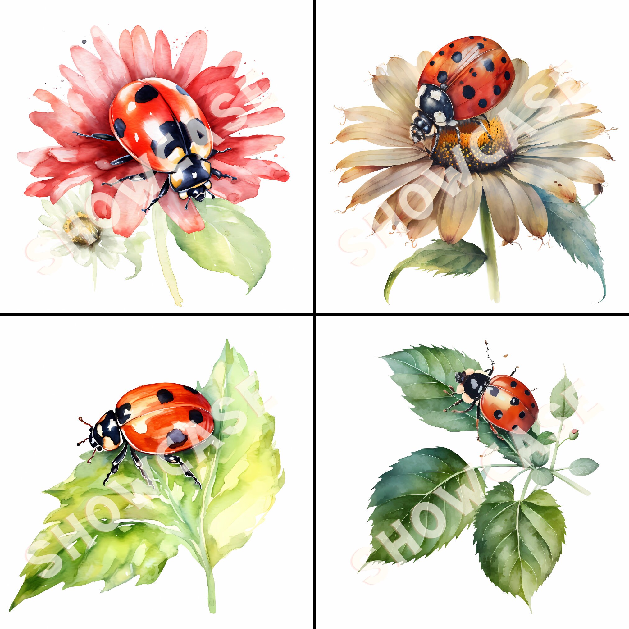 34 Floral Ladybug Watercolor Clipart PNG & SVG, Nursery Art, Paper ...