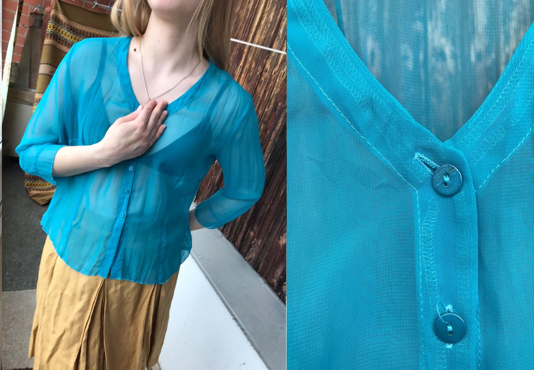 Vintage Semi Sheer Torquise Blue V Neck Romantic Minimalistic - Etsy