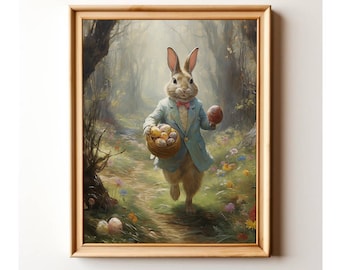 Easter Bunny Printable Wall Art, Vintage Spring Print, Easter Eggs Oil ...