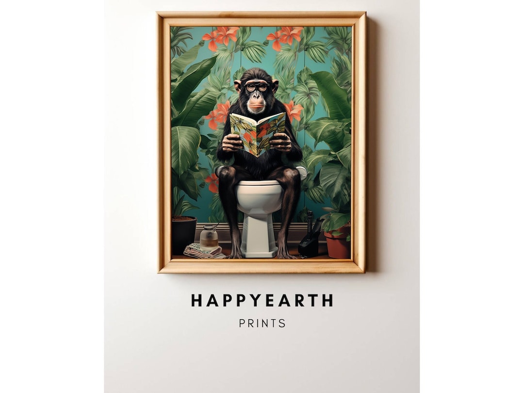 Monkey Reading Newspaper Print: Whimsical Bathroom Art (digital ...