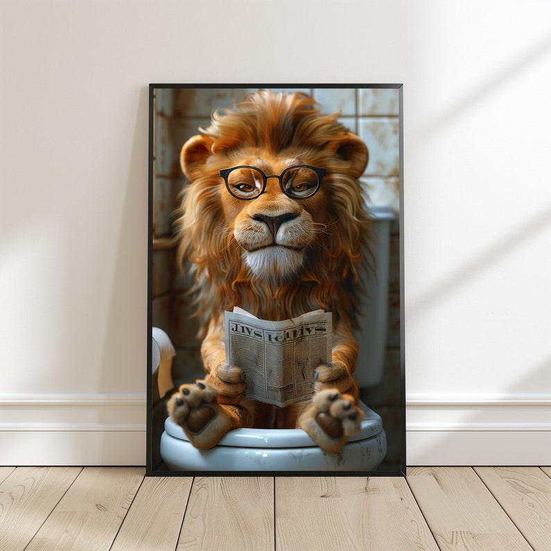 Lion on Toilet Reading Newspaper Digital Print - Quirky & Funny Animal ...