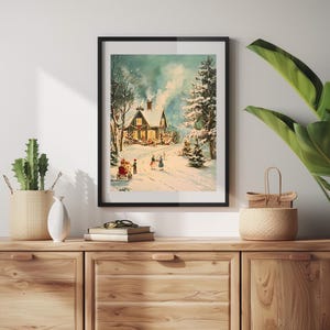 Vintage Snowy Village Scene Printable Wall Art – Christmas Digital ...