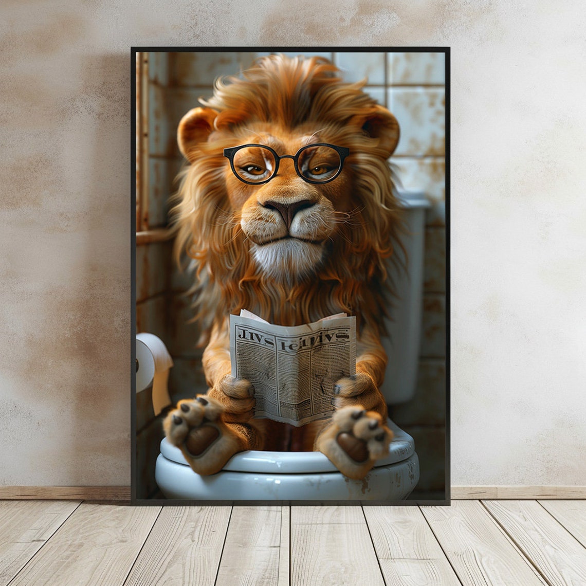 Lion on Toilet Reading Newspaper Digital Print Quirky & Funny Animal ...