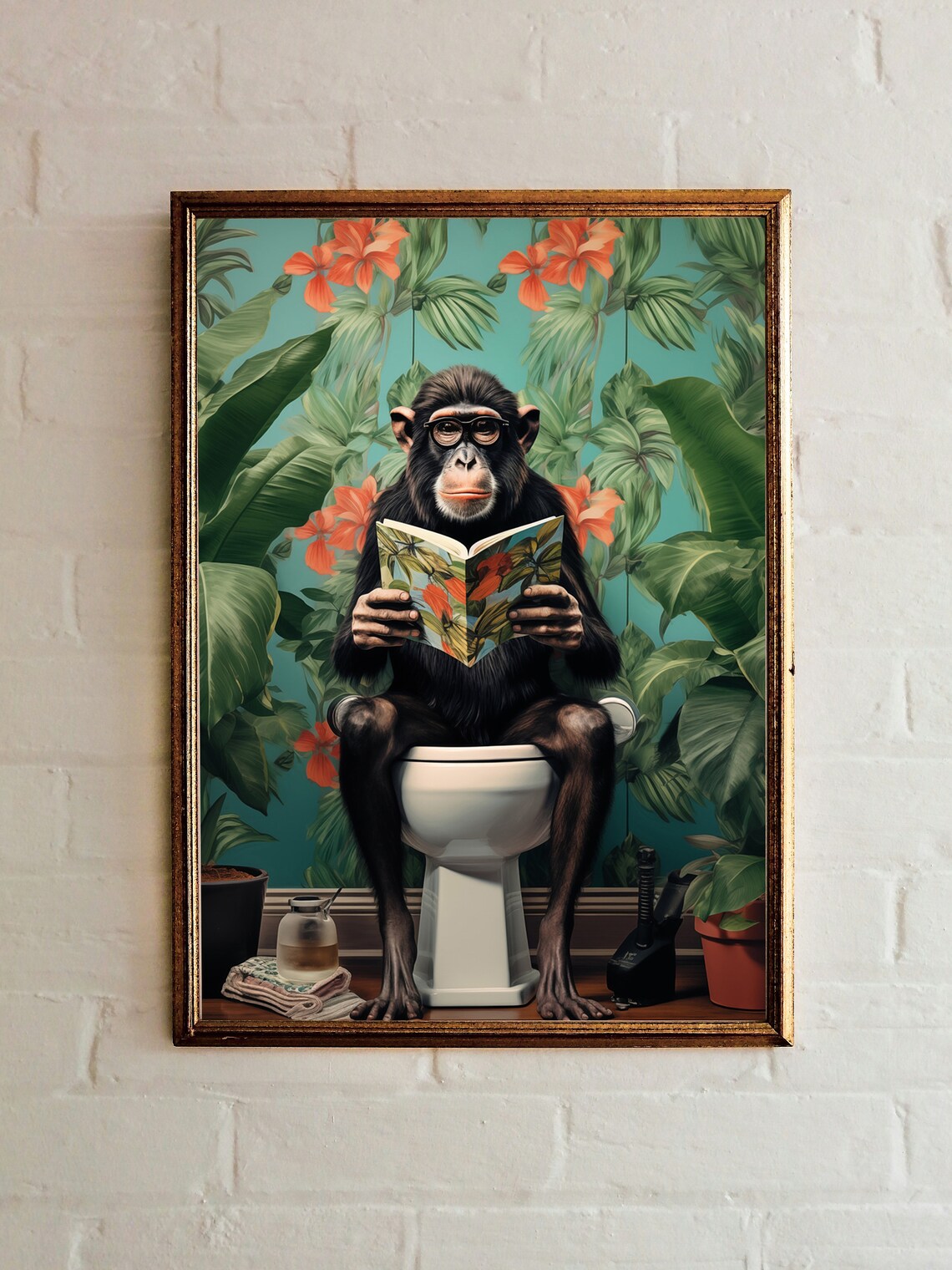 Monkey Reading Newspaper on Toilet Digital Print, Whimsical Tropical ...