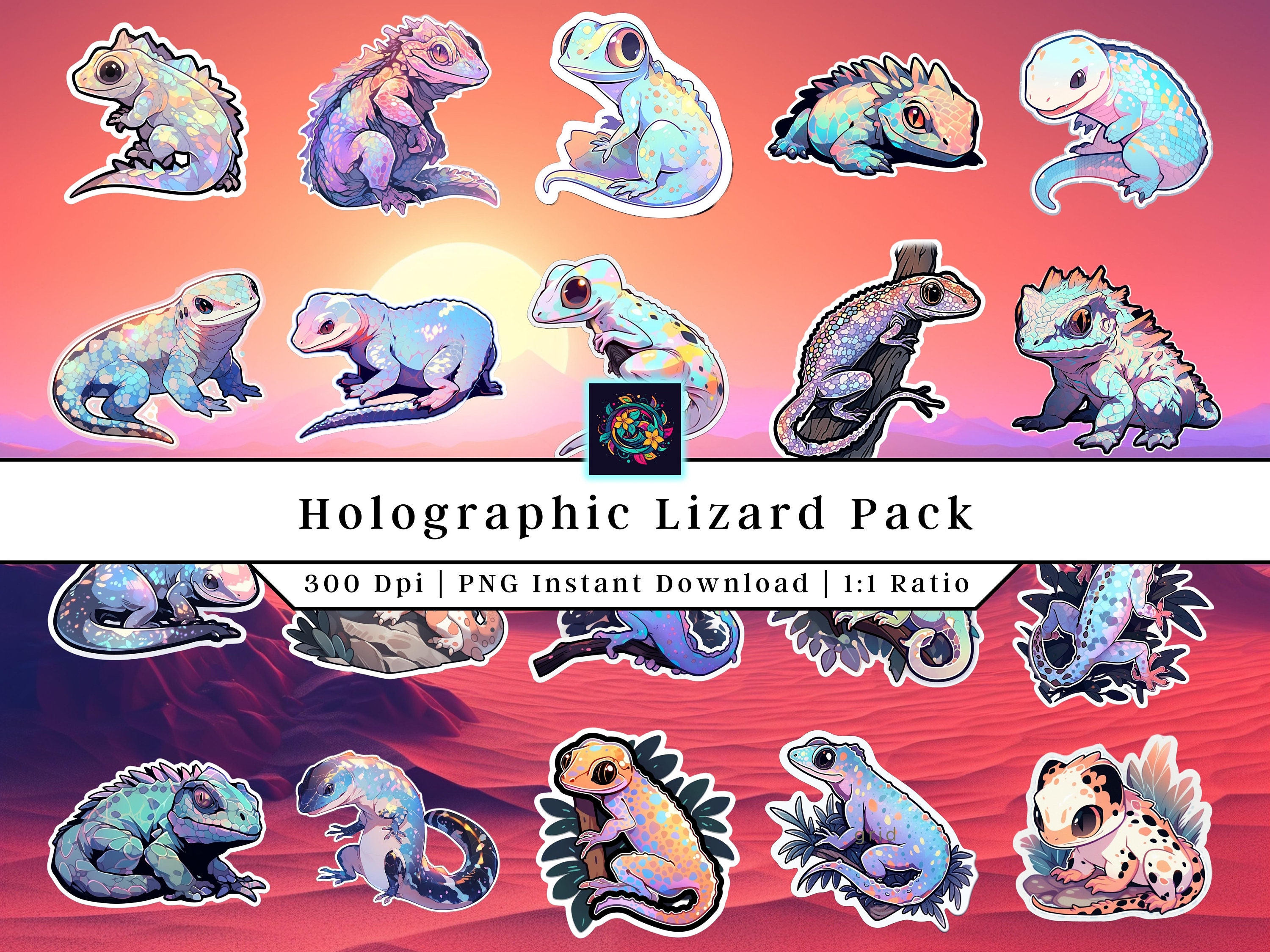 Holographic Lizards Design | Clip Art | Printable Stickers | Lizard PNG ...