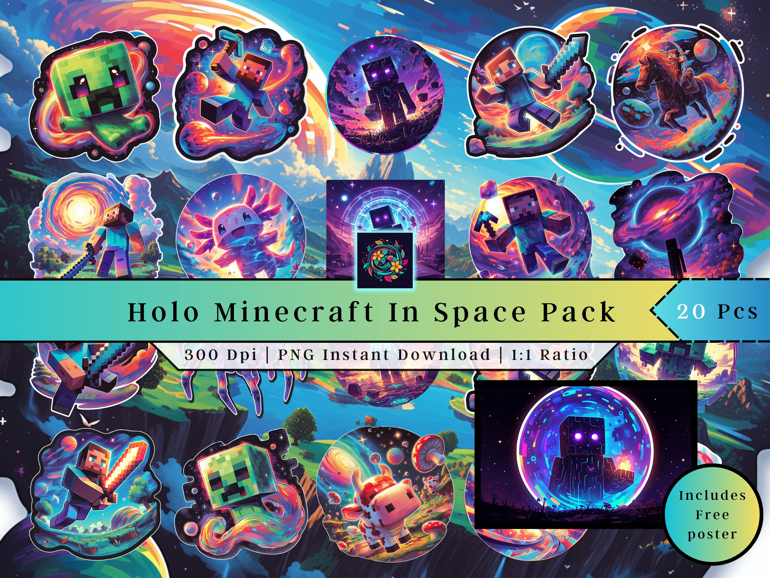 Minecraft in Space Stickers Holographic Design | Clip Art | Printable ...