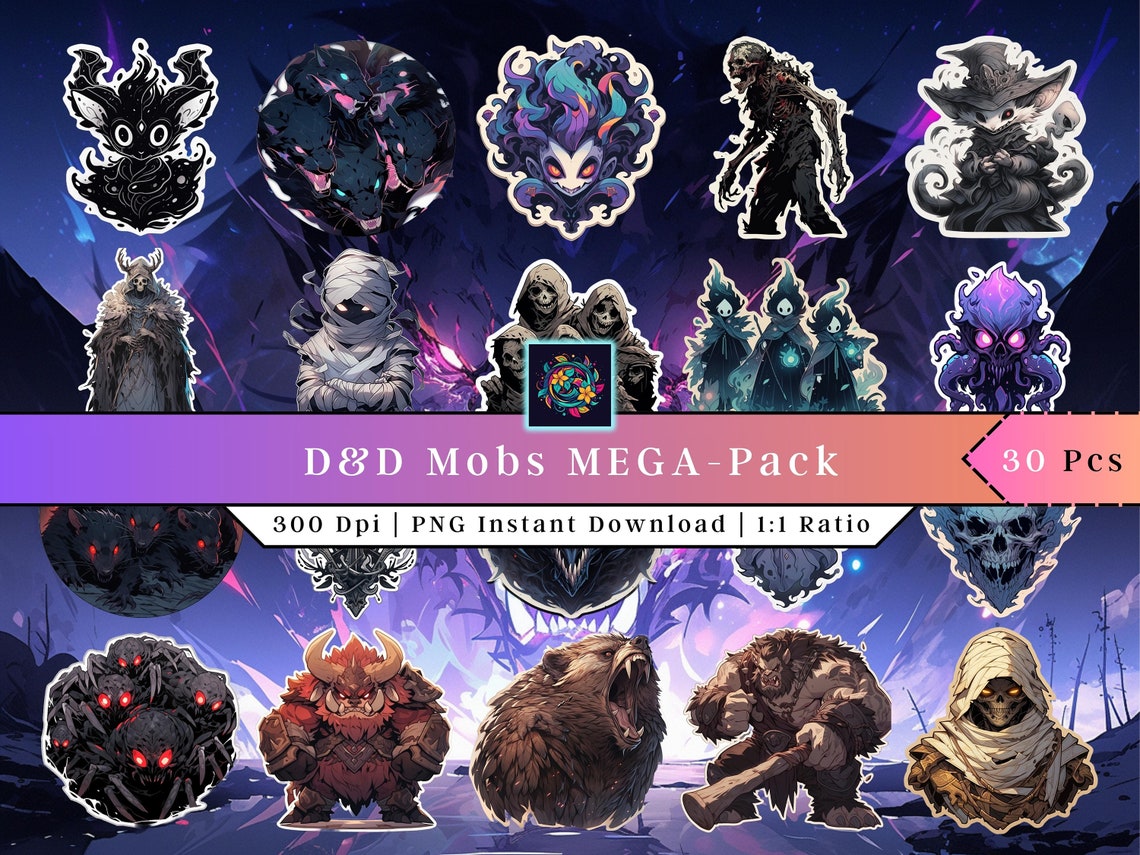 D&D Mobs Pack Clip Art Printable Stickers Fantasy PNG Spells Stickers ...