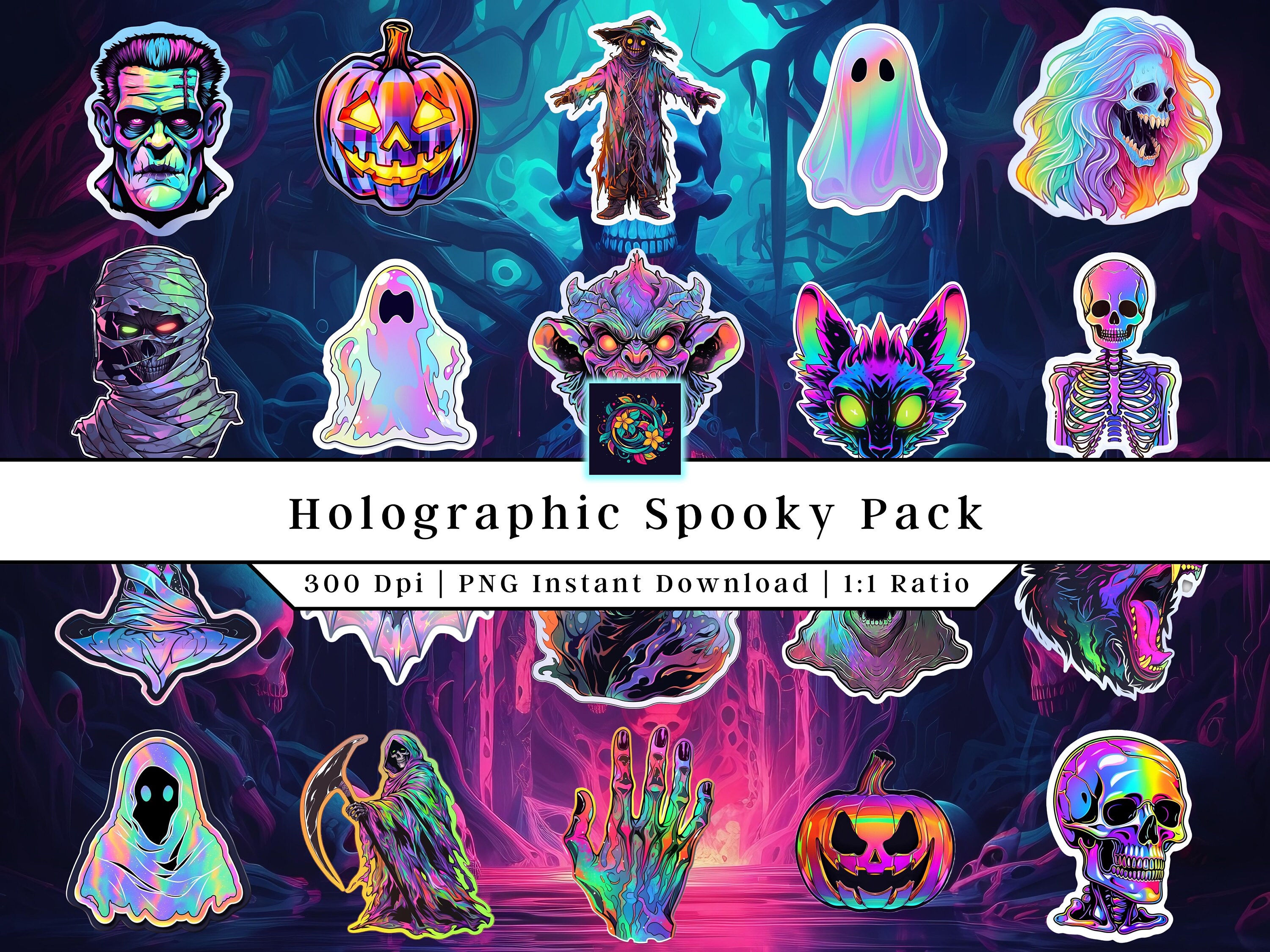 Spooky Holographic Design | Clip Art | Printable Stickers | Spooky PNG ...