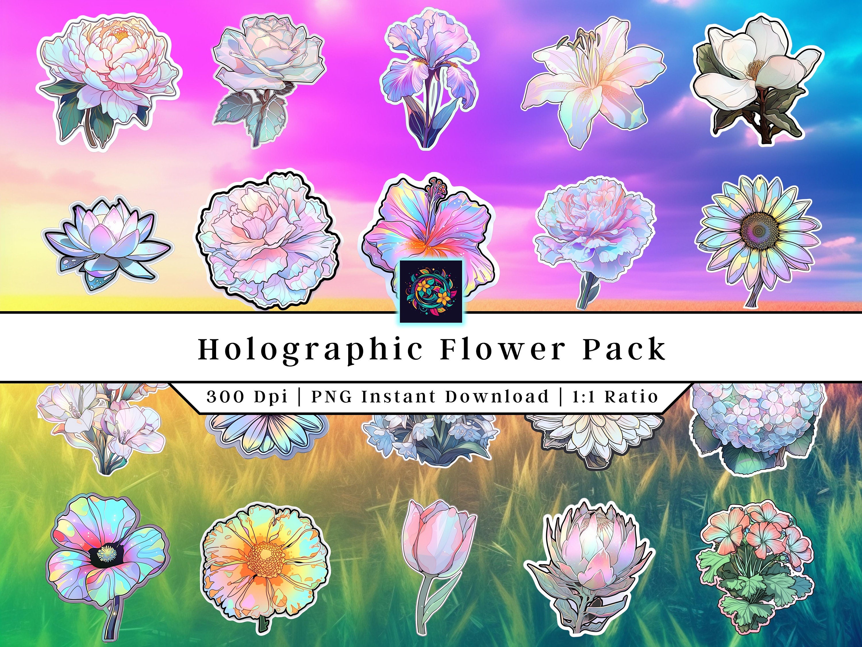 Flower Holographic Design | Clip Art | Printable Stickers | Flower PNG ...