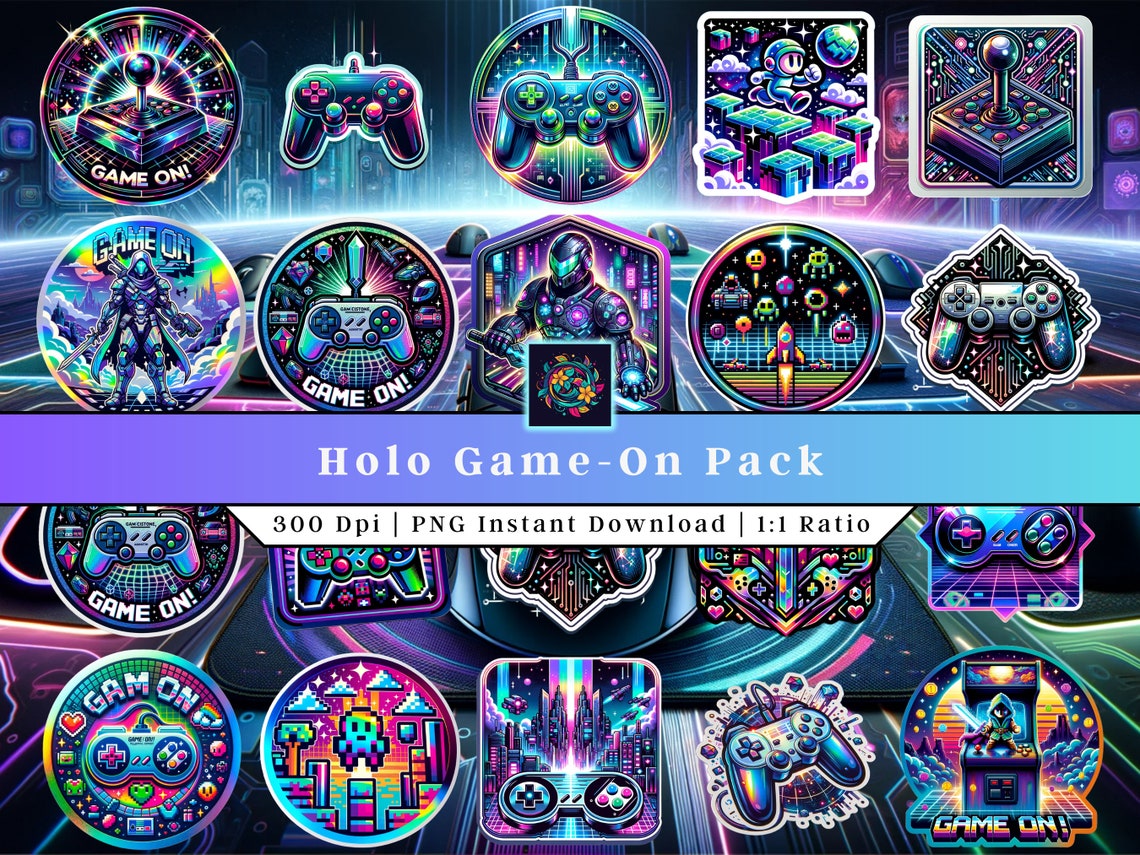 Video Game Holographic Pack Clip Art Printable Stickers Game-on PNG ...