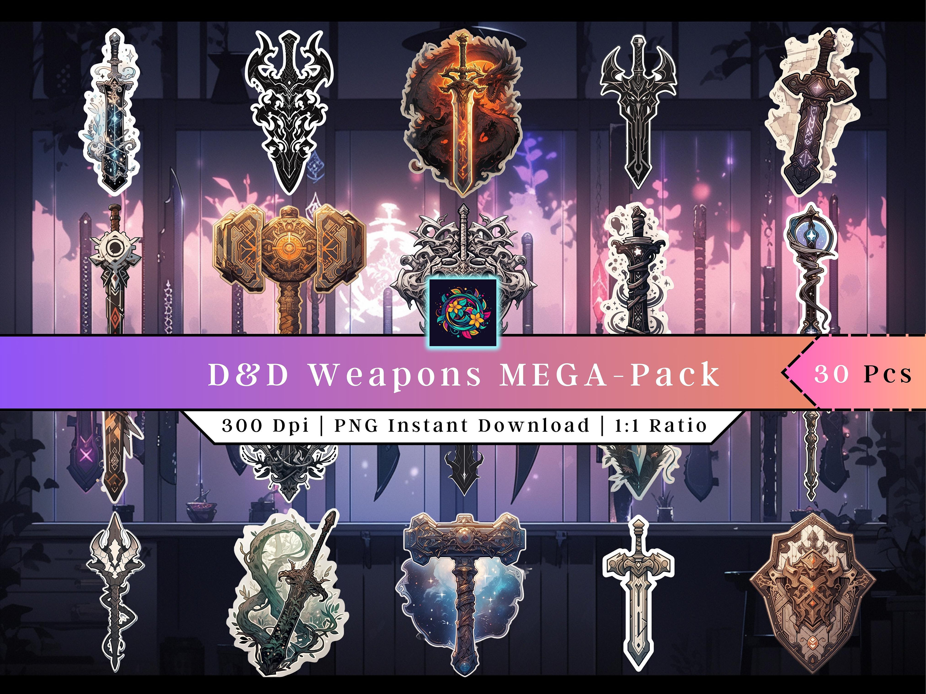 D&D Weapons Pack Clip Art Printable Stickers Fantasy PNG - Etsy